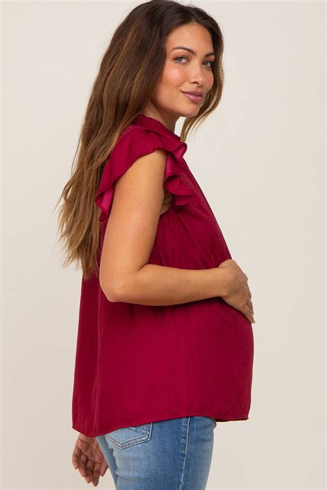Burgundy Mock Neck Flutter Maternity Blouse Pinkblush