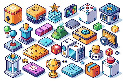 Colorful Isometric Game Assets Including Blocks Buttons Icons Joystick Dice Trophy Puzzle Pieces