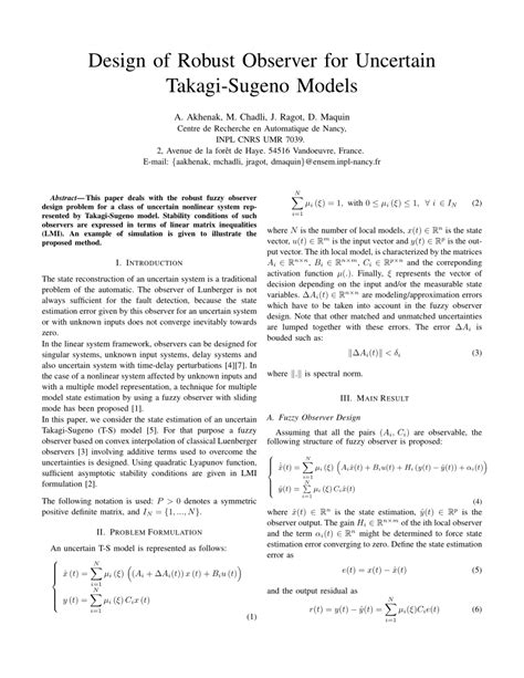 Pdf Design Of Robust Observer For Uncertain Takagi Sugeno Models