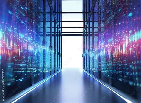 corridor of server room 3d illustration with node base programming data