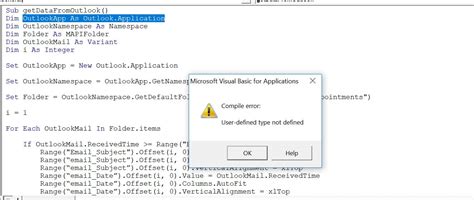 Importing Outlook Emails To Excel Vba Error Stack Overflow
