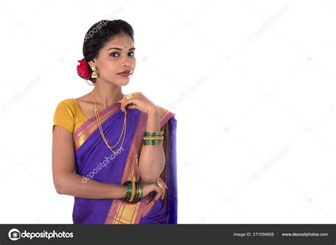 Beautiful Indian Young Girl Posing Traditional Indian Saree White