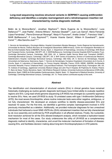 Pdf Long Read Sequencing Resolves Structural Variants In Serpinc1 Causing Antithrombin