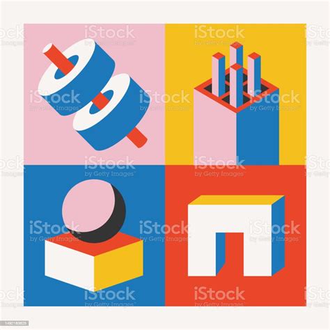 추상적인 기하학적 모양과 선은 체적 도형으로 역동적인 바우하우스 패턴을 만듭니다 정밀하고 미니멀리스트 Brutalism에 대한