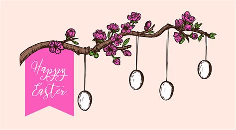 행복한 부활절 카드 벚꽃 가지와 부활절 달걀 스케치 개요 그림이있는 포스터 조각 스타일의 축제 낙서 그리기 손으로 그린 벡터 라인 아트 0명에 대한 스톡 벡터 아트 및 기타