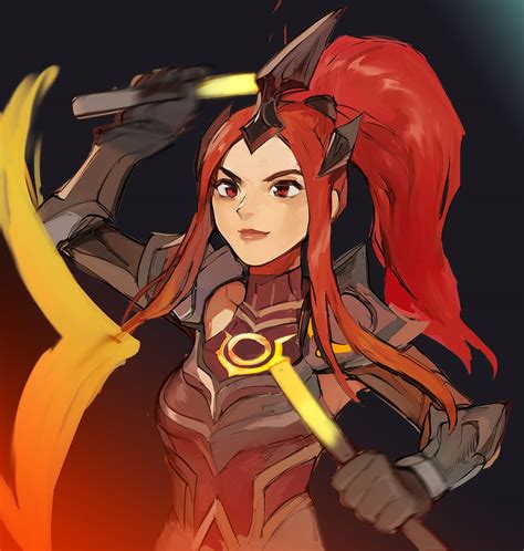 Raichiyo Sivir League Of Legends Jpeg Artifacts Girl Armor Black Gloves Breasts Closed