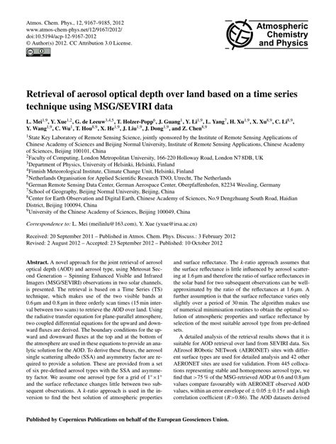 Pdf Retrieval Of Aerosol Optical Depth Over Land Based On A Time Series Technique Using Msg