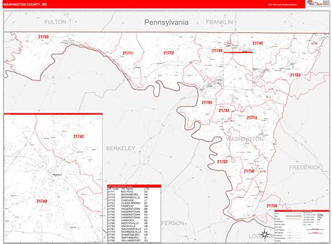 Washington County Md Zip Code Wall Map Red Line Style By Marketmaps Mapsales