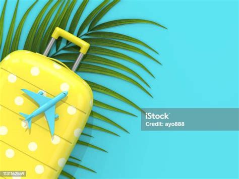 파란색 배경 위에 비행기와 가방 3d 렌더링 3차원 형태에 대한 스톡 사진 및 기타 이미지 3차원 형태 종려나무 잎 계절 Istock