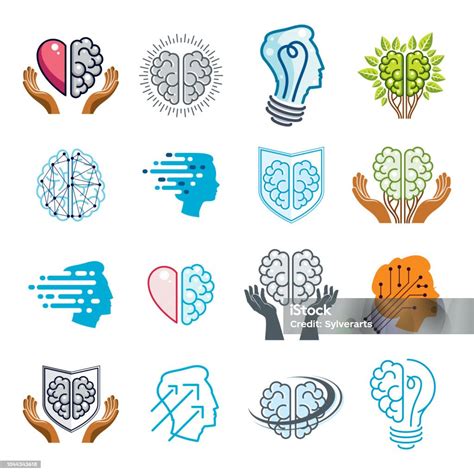 두뇌와 지능 벡터 아이콘 개념 집합입니다 인공 지능 밝은 마음 두뇌 훈련 Rational 생각 창의성 브레인스토밍 정신 건강 대 감정 영혼 감정에 대한 스톡 벡터 아트 및