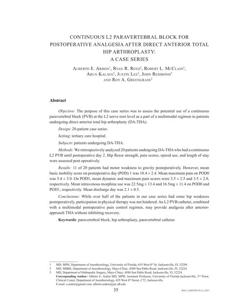 Pdf Continuous L2 Paravertebral Block For Postoperative Analgesia After Direct Anterior Total