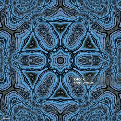 검은 색 배경에 밝은 색상의 파란색과 회색 줄무늬가있는 육각형 Kaleidoscopic 디자인 0명에 대한 스톡 사진 및 기타