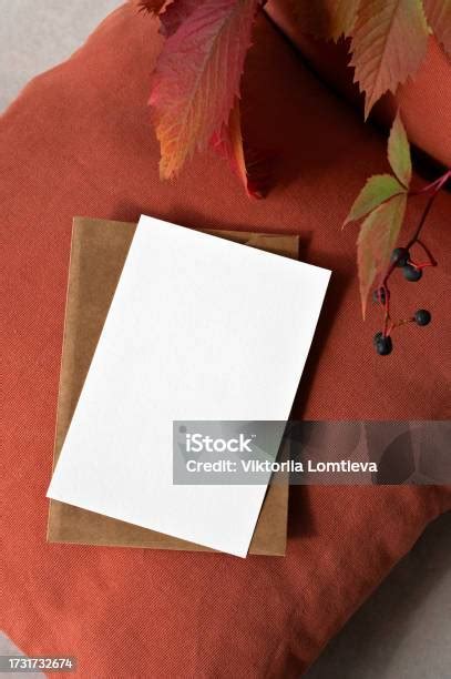 빈 종이 카드 모형 야생 포도 잎과 열매가 있는 빨간 베개에 봉투 가을 가을 인사말 추수 감사절 엽서 또는 소박한 청첩장 디자인 템플릿 0명에 대한 스톡 사진 및 기타