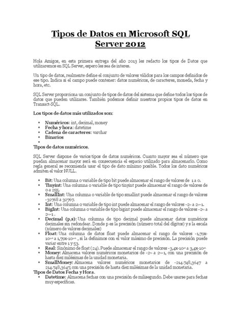 Tipos De Datos En Microsoft Sql Server Pdf Tipo De Datos Byte