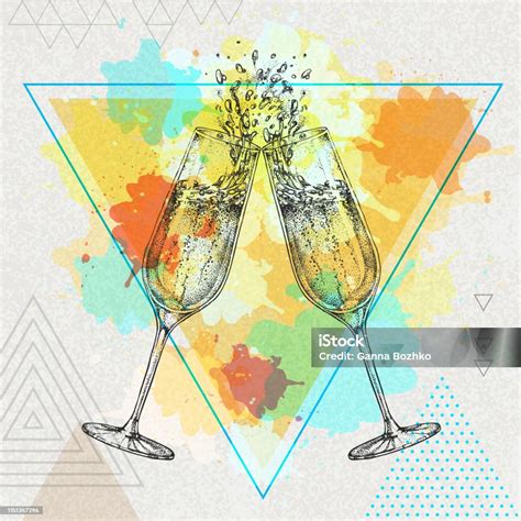 예술 다각형 수채화 배경에서 샴페인 클린 킹 안경의 손 그리기 그림 0명에 대한 스톡 벡터 아트 및 기타 이미지 0명 고풍