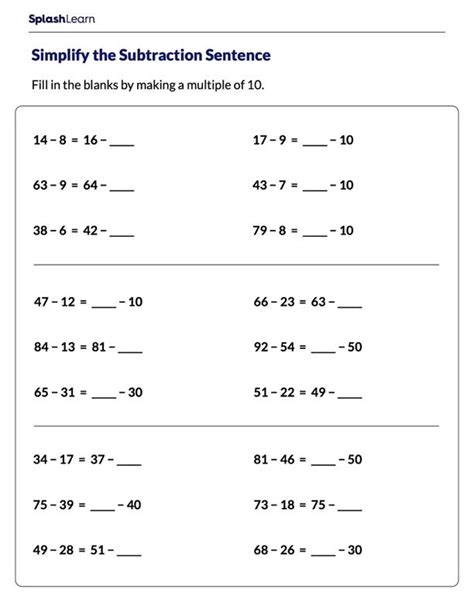 Simplify Subtraction Sentence Math Worksheets