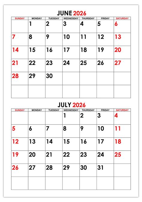 Calendar For June July 2026 Free Calendar Su