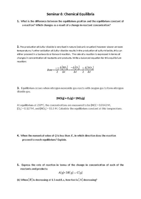 Chemistry Seminar 6 Equilibrium Seminar 6 Chemical Equilibria What
