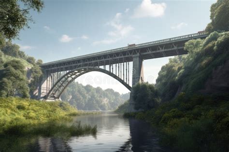Bridge Crossing River In Forest Over Blue Sky Created Using Generative Ai Technology Stock