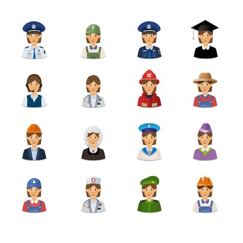 직업을 가진 여자의 아바타의 집합입니다 프리미엄 벡터