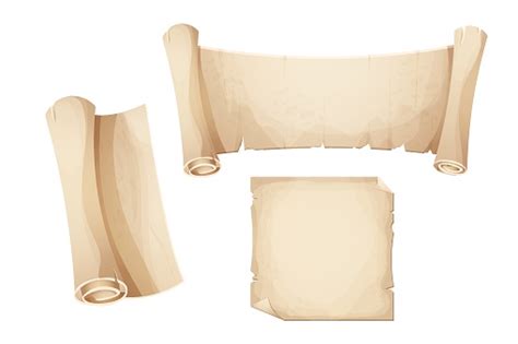 고대 오래된 양피지 종이 스크롤 페이지 빈 중세 편지를 흰색 배경에 고립 된 만화 스타일로 설정하십시오 게임 자산 그런 지 프레임 원고 벡터 일러스트 레이 션 갈색에 대한