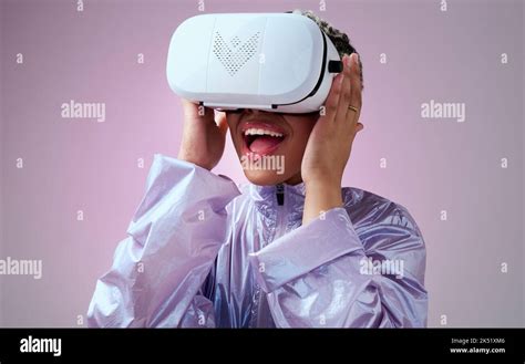 Vr 3d Gaming And Woman With Surprise For Futuristic Digital Game