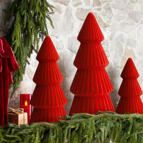 George Oliver Set Of 3 Red Velvet Ceramic Christmas Trees Modern Cone