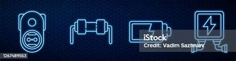 세트 라인 배터리 충전 레벨 표시기 전기 콘센트 저항기 전기 및 전기 변압기 벽돌 벽에 빛나는 네온 아이콘 벡터 배터리 전원에 대한 스톡 벡터 아트 및 기타 이미지 Istock