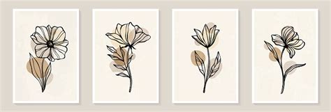 창의적인 미니멀리스트 핸드 드로잉 일러스트레이션 세트 꽃 윤곽선 파스텔 베이지 간단한 모양 및 브러시 스트로크 벽 장식 엽서 또는 브로셔 표지 디자인 0명에 대한 스톡 벡터