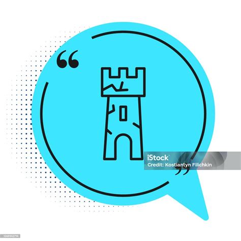 흰색 배경에 고립 된 검은 줄 성 타워 아이콘 요새 표지판 파란색 음성 버블 기호입니다 벡터 건축에 대한 스톡 벡터 아트 및 기타 이미지 Istock