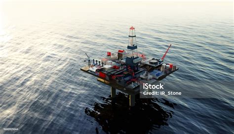 근해 석유 굴착 장치 시추 장비 착 장치 일몰 도중 바다에 기름 플랫폼 3d 렌더링 그림석유 펌프 석유 산업 장비 해질녘 실루엣에서 드릴링 데릭 에너지 공급 위기 3차원