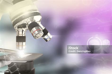 의학 개발 개념 다채로운 오버레이 배경에 플레어와 실험실 전자 과학 현미경의 의료 3d 그림 0명에 대한 스톡 사진 및 기타 이미지 Istock