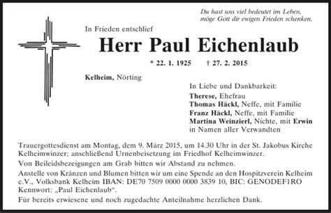 Traueranzeigen Von Paul Eichenlaub Mittelbayerische Trauer