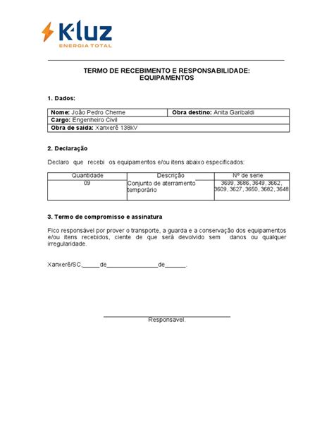Termo De Responsabilidade De Guarda E Uso De Equipamentos Pdf
