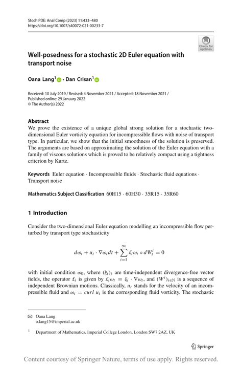 Pdf Well Posedness For A Stochastic 2d Euler Equation With Transport Pdf Well Posedness For A Stochastic 2d Euler Equation With Transport