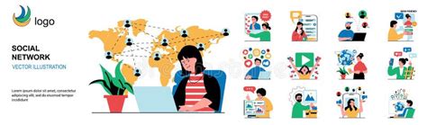 Social Network Concept With Character Situations Collection Stock