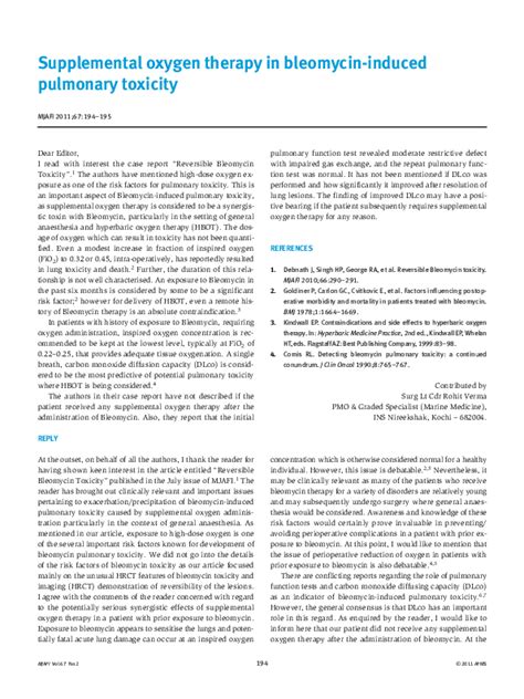 Pdf Supplemental Oxygen Therapy In Bleomycin Induced Pulmonary Toxicity