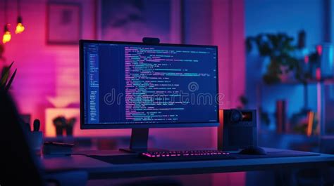 Modern Workspace With Computer Monitor Displaying Colorful Code In Ambient Lighting Big Data