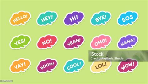 짧은 문구가 있는 귀여운 말풍선 안녕하세요 안녕 예 아니오 예 멋지다 와우 하하 아이콘 세트 간단한 평면 벡터 그림입니다 경외감에 대한 스톡 벡터 아트 및 기타 이미지