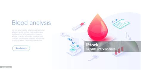 혈액 검사 또는 아이소메트릭 벡터 일러스트 레이 션에서 분석 합니다 임상 실험실 검사를 위한 헬스케어 개념 혈액 방울 샘플을 가진 의학 진단 또는 Reserarch 웹 배너
