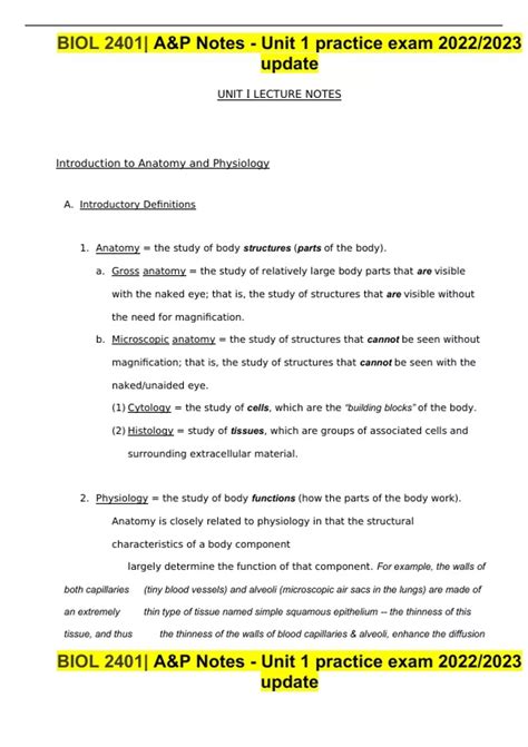 Summary Biol 2401 Aandp Notes Unit 1 Practice Exam 2022 2023 Update Anatomy And Physiology 1