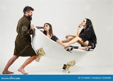 Routine Concept Couple Of Women And Man Enjoy Bath Routine Hygiene