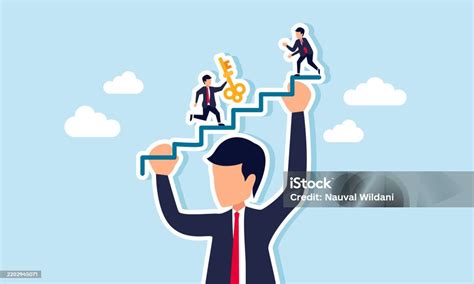 거대 사업가가 계단 모양의 선을 들어 올리는 동안 다른 한 사람은 열쇠를 통과하는데 이는 강력한 지주 회사를 보여주는 그림으로 자회사가 비즈니스 효율성 솔루션을 통해 성장할