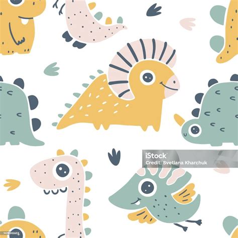 공룡 완벽 한 패턴입니다 간단한 스칸디나비아 리노컷 스타일의 큰 눈을 가진 손으로 그린 만화 공룡 캐릭터 벡터 그림입니다 흰색 배경에 트렌디한 파스텔 성 중립 팔레트 0명에