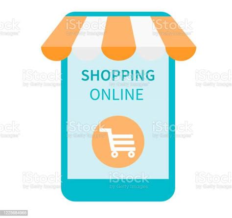 스마트폰과 모바일 애플리케이션의 온라인 스토어에서 쇼핑 어닝이 있는 전화 플랫 디자인의 벡터 일러스트레이션 0명에 대한 스톡 벡터 아트 및 기타 이미지 Istock