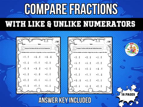 Compare Fractions With Like And Unlike Numerators Worksheets Grade Teaching Resources
