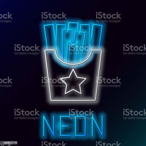 빛나는 네온 라인 감자 감자 튀김 에 판지 패키지 상자 아이콘 검은 배경에 격리 패스트 푸드 메뉴 다채로운 개요 개념 벡터 감자