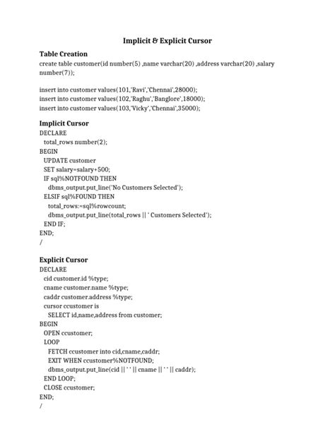 Implicit And Explicit Cursor 1 Pdf