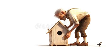 Animated Old Man Building A Birdhouse Pure White Background Stock