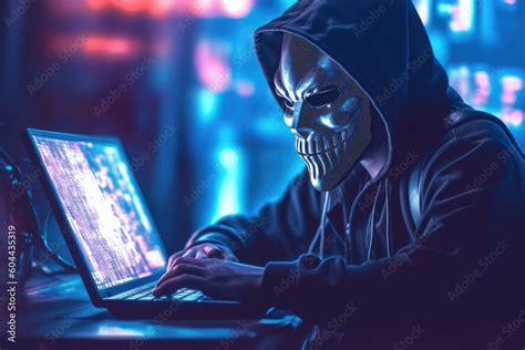 Hacker Stealing Data Anonymous Robot Hacker With Skull Mask Typing